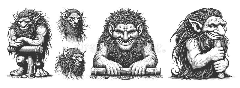Troll Character Engraving Set Vector Collection Stock Vector ...
