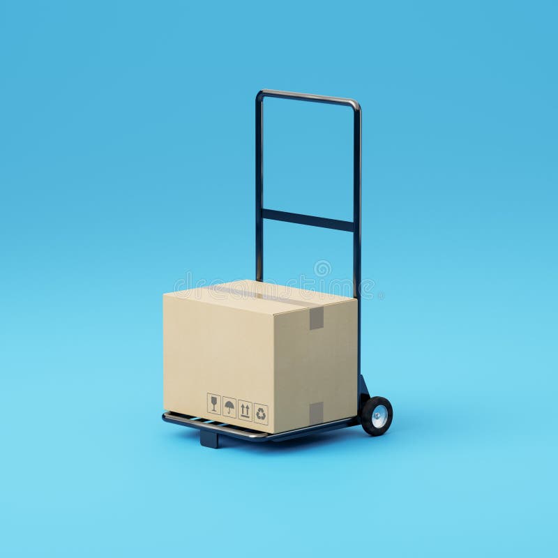 Trolley with Cardboard Shipping Box Made of Cardboard Isolated on Blue ...