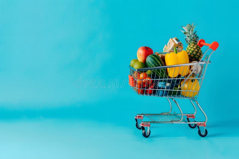 Hyper Realistic Trolley Filled with Goods on Blue Background Stock ...