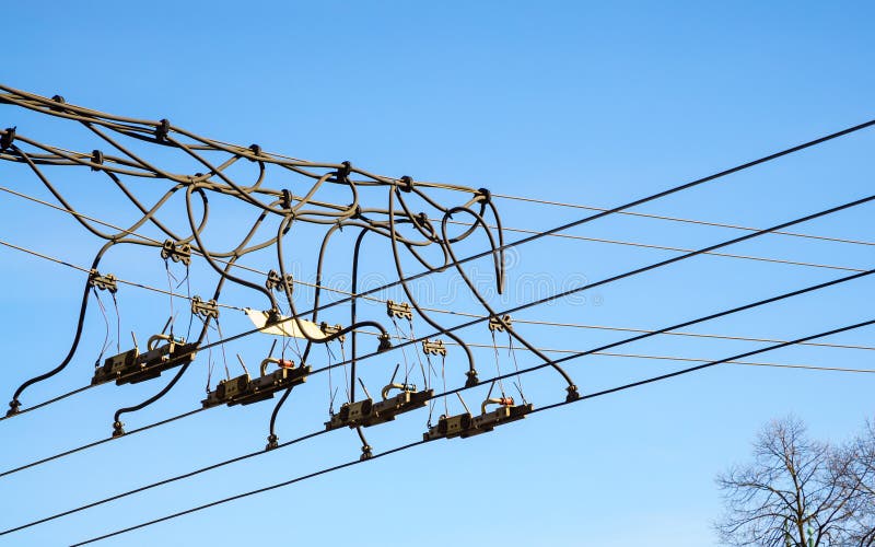 Overhead Line Wire Over Rail Track. Power Lines Stock Photo - Image of ...
