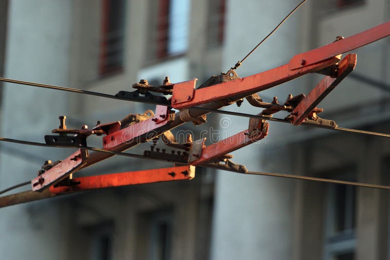 Trolleybus wire switch stock photo. Image of electricity - 61212156