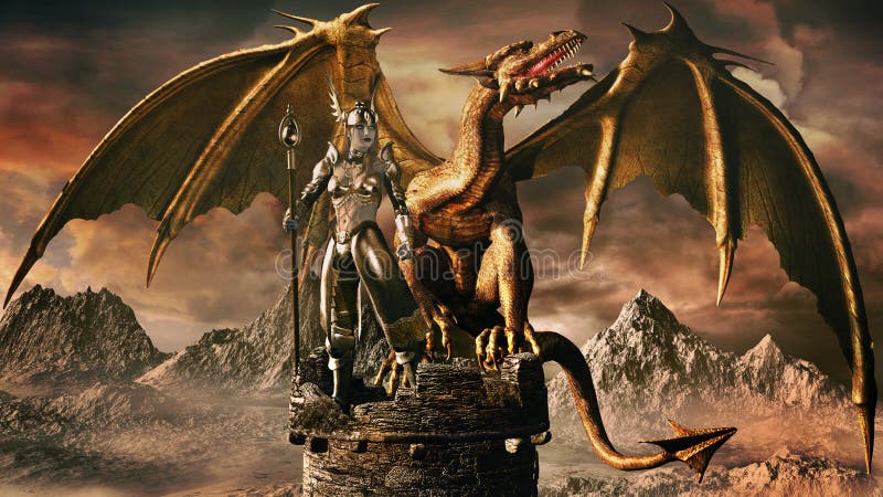 Häxa och Gulddrake stock illustrationer. Illustration av fantasi - 59155137