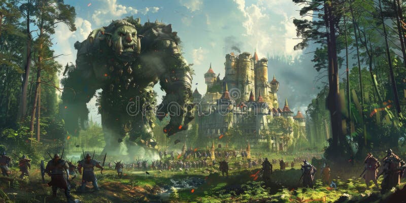 Trolls in Thick Armor Attack the Forest Castle of Elves Stock ...