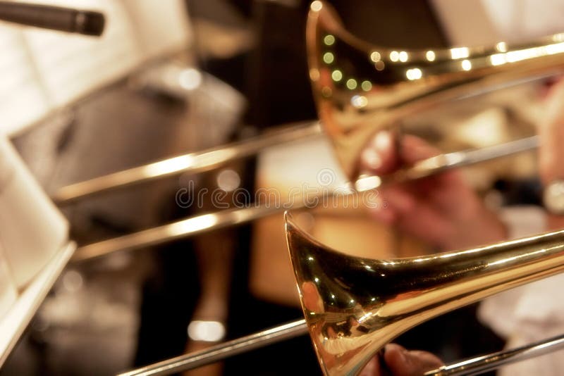 Trombones Playing in a Big Band (shallow Focus). Stock Image - Image of ...