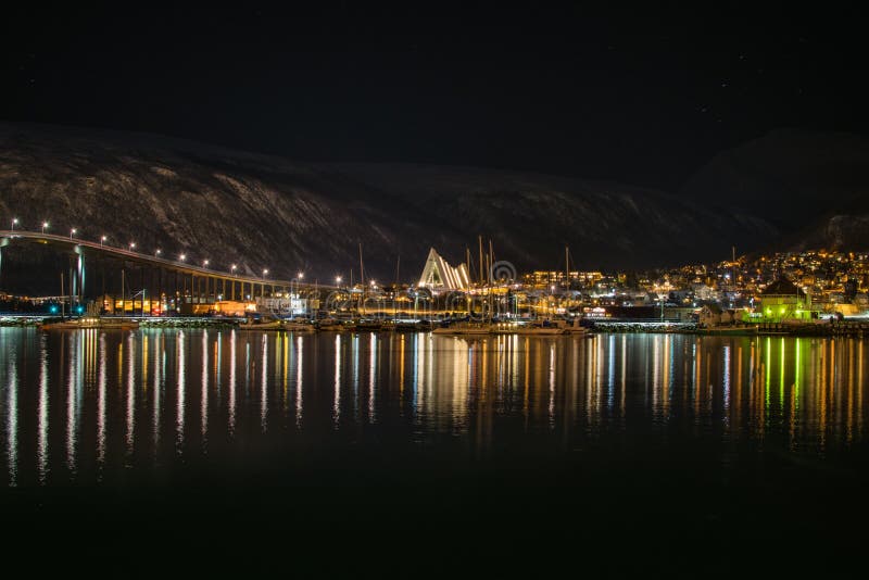 Tromso Harbour and Arctic Cathedral at Night Stock Photo - Image of ...
