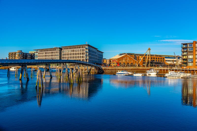 TRONDHEIM, NORWAY, APRIL 17, 2019: Marina on River Nidelva in Trondheim ...