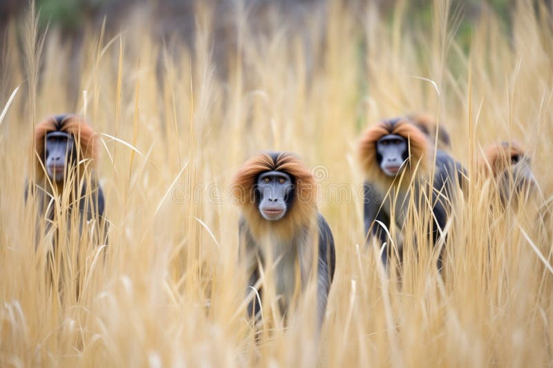 A Troop of Mandrills Moving through Tall Grasses Stock Image - Image of ...