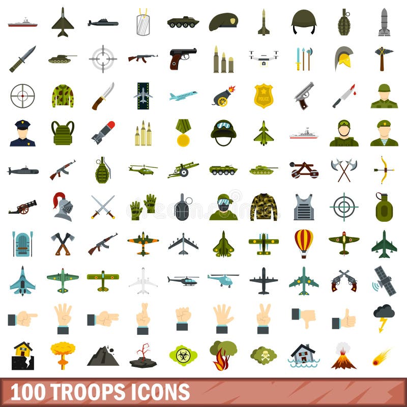 100 Troops Icons Set, Flat Style Stock Vector - Illustration of icons ...