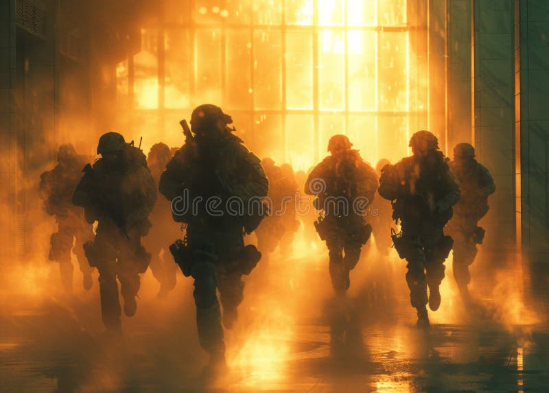 Troops Running in the Hallway Over Large Windows. Stock Photo - Image ...