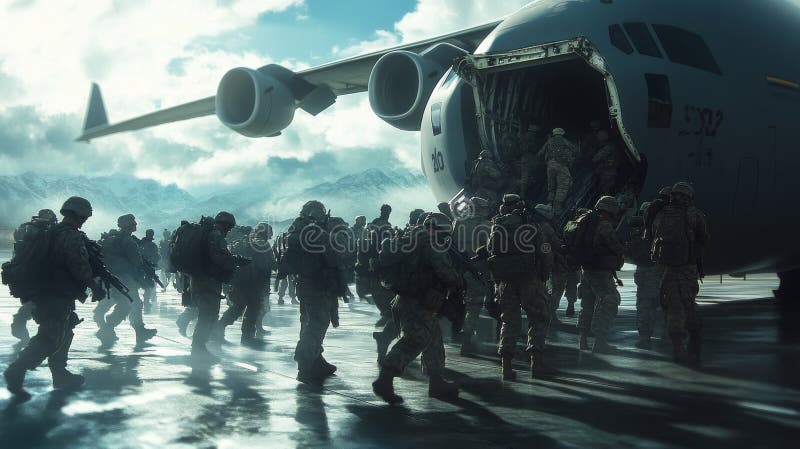 Troops in Uniform Boarding Military Aircraft for Deployment at Airfield ...