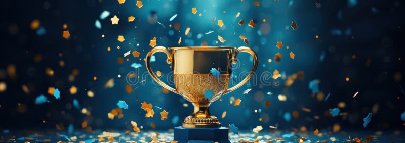 A Trophy on a Blue Background with Confetti Scattered Around Stock ...