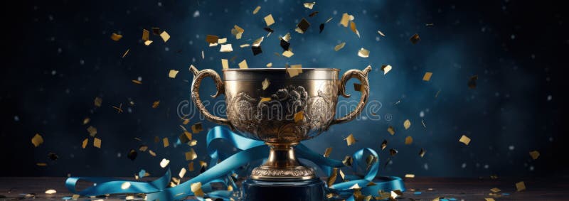 A Trophy on a Blue Background with Confetti Scattered Around Stock ...