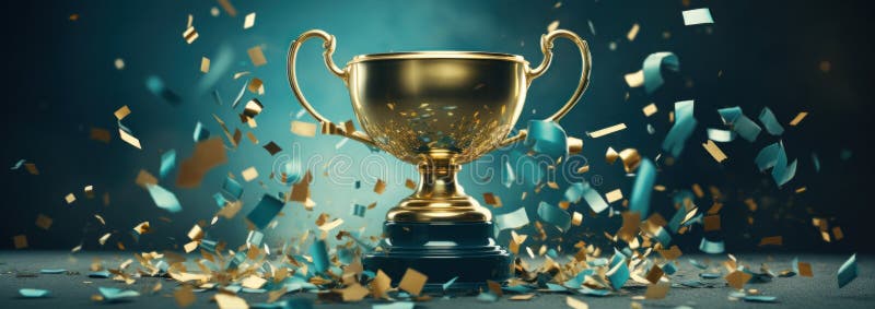 A Trophy on a Blue Background with Confetti Scattered Around Stock ...