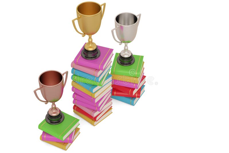 Trophy and Book Stacks Isolated on White Background. 3D Illustration ...