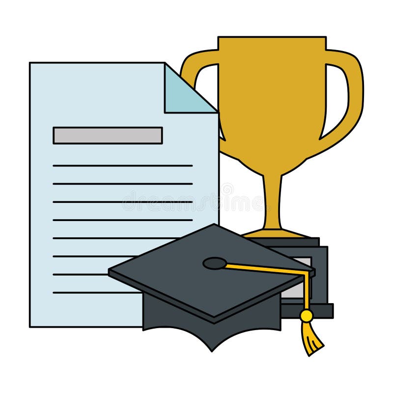 Trophy Cup with Graduation Hat and Document Stock Illustration ...