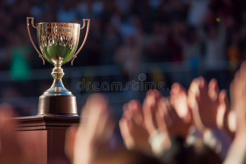 Trophy Cup on a Pedestal with an Applauding Crowd Stock Photo - Image ...
