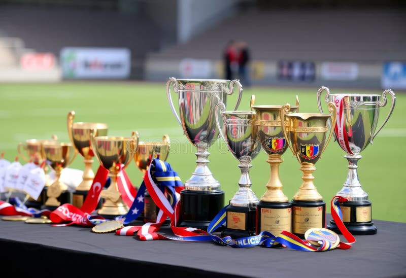 Trophy Cups and Awards on the Stadium, Competition and Win Concept ...