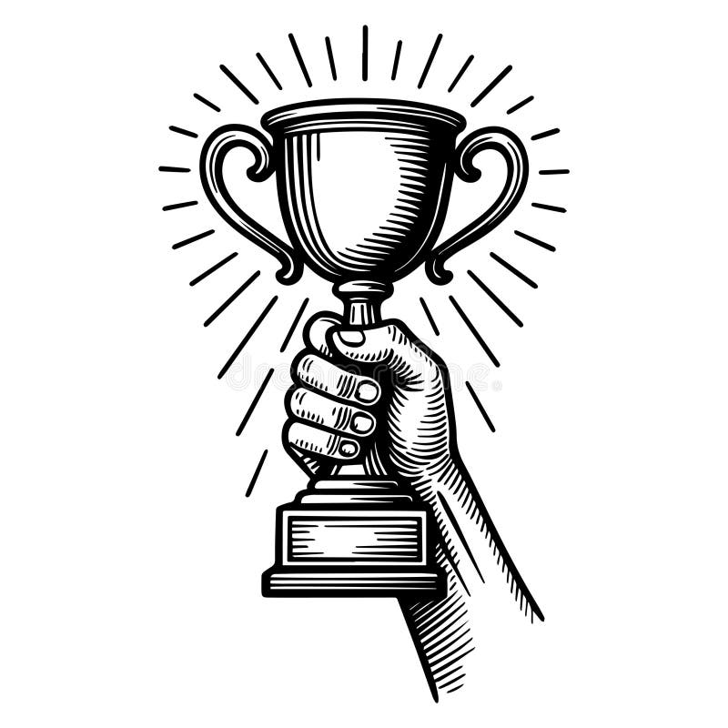 Trophy, Hand Holding Champion Cup, in Hand Drawing Style. Vector ...