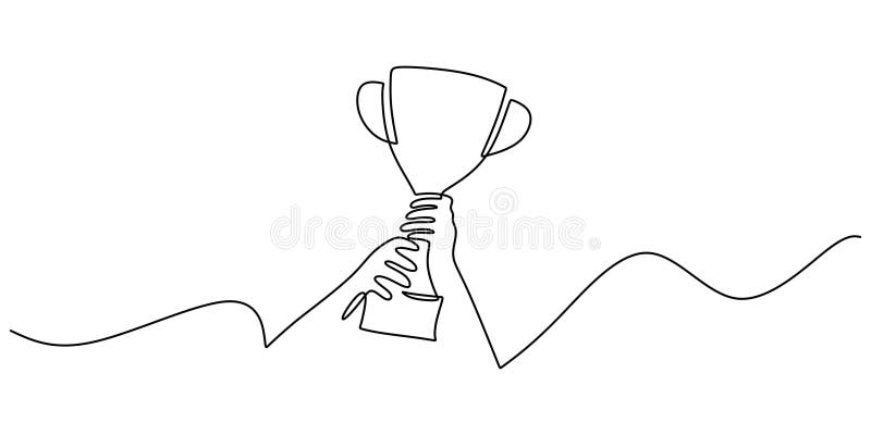 Trophy Held by Many Hands. Teamwork Symbol. One Line Drawing Stock ...