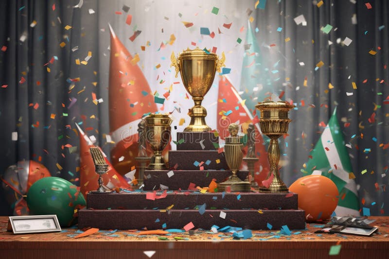Trophy and Medals on a Podium with Confetti Falling Stock Illustration ...