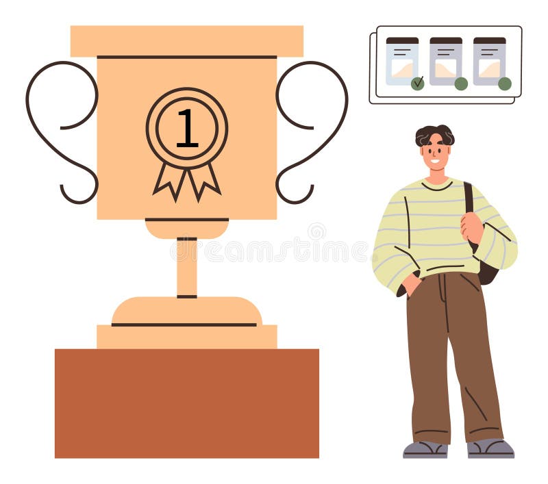 Trophy with Number One Emblem beside Confident Student and Task ...