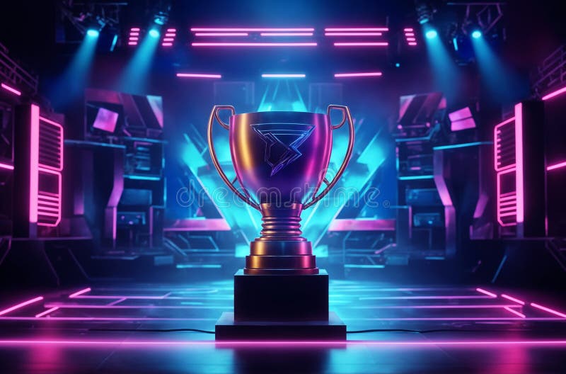 A Trophy on a Pedestal Illuminated Neon Lights Stock Illustration ...
