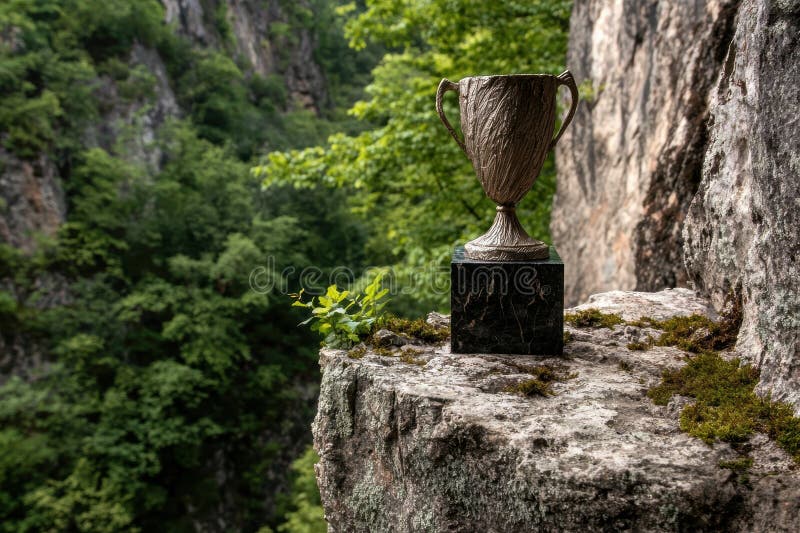 A Trophy Sits Atop a Rocky Cliff Overlooking a Lush Green Landscape ...