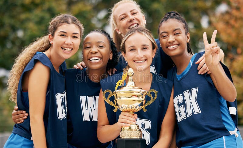 Netball Trophy And Winner Women With Team Portrait For Success Goal