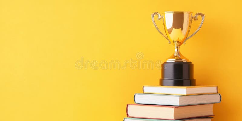 Trophy on Stack of Books with Yellow Background Symbolizing Achievement ...