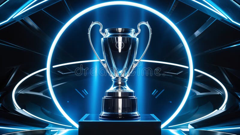 A Shiny Trophy Displayed Under Vibrant Blue Lights in a Futuristic ...