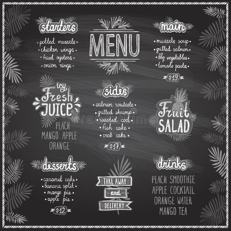 Tropic Style Menu Chalkboard Template with Palm Leaves Stock Vector ...