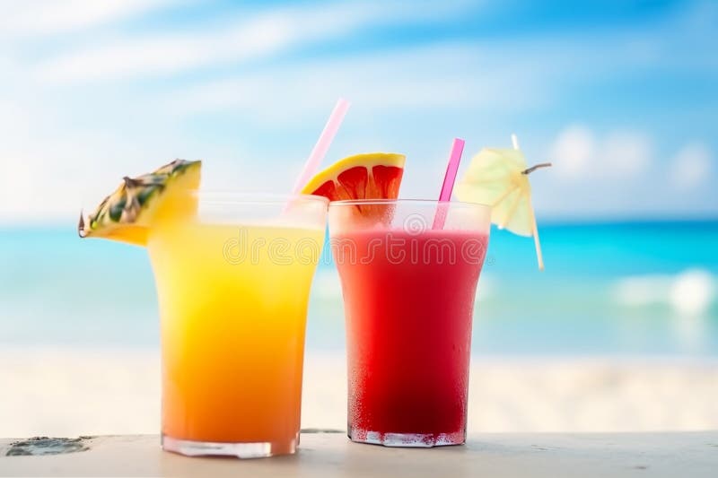 Tropic Summer Vacation Exotic Drinks on Blur Tropical Beach Background ...