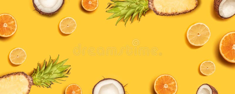Tropical Abstract Background. Pineapple, Lemons, Oranges and Coconuts ...