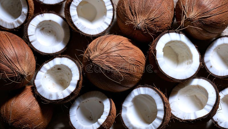 Tropical Arrangement of Whole Coconuts with Textured Brown Shells Stock ...