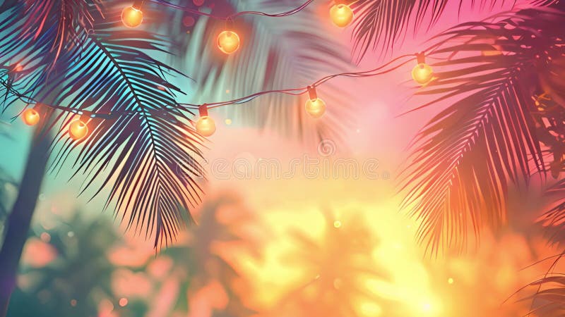 Tropical Background with Palm Trees and String Lights Stock Video ...