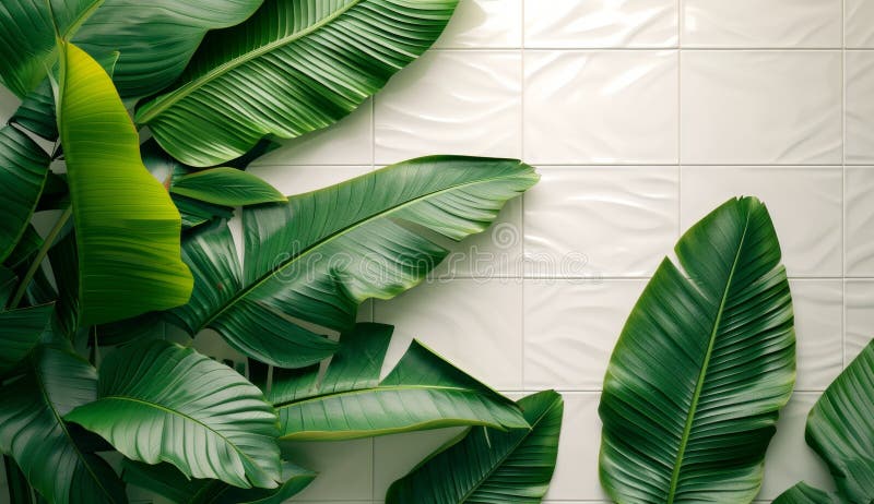 Tropical Banana Leaves and a White Tile Wall Stock Photo - Image of ...