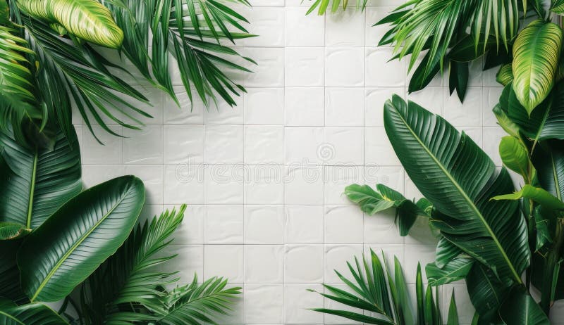 Tropical Banana Leaves and a White Tile Wall Stock Photo - Image of ...
