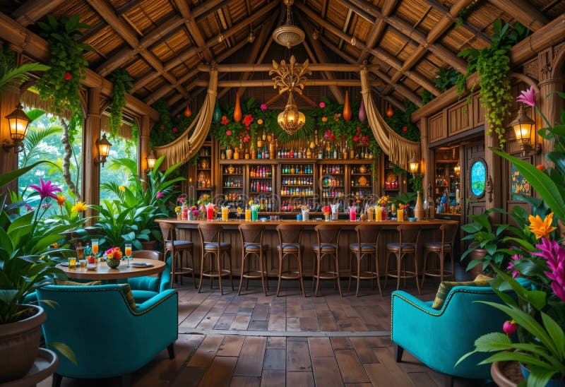 A Tropical Bar with a Lot of Plants and Colorful Decorations Stock ...