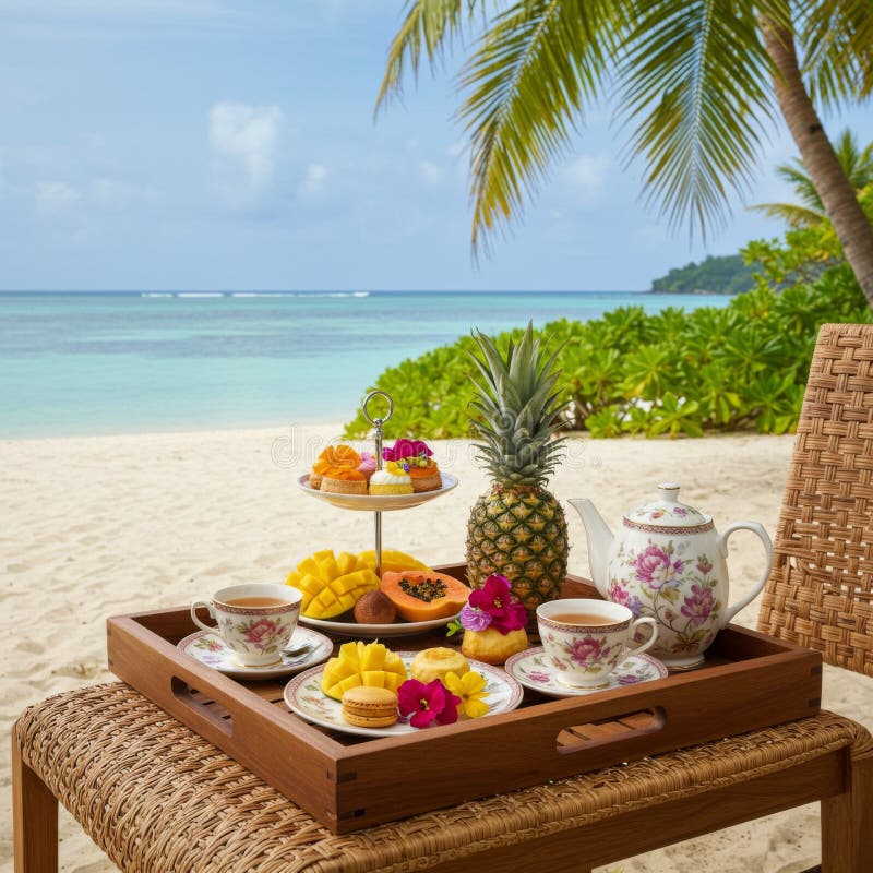 Tropical Beach Afternoon Tea Setting Stock Illustration - Illustration of resort, cakes: 380725188