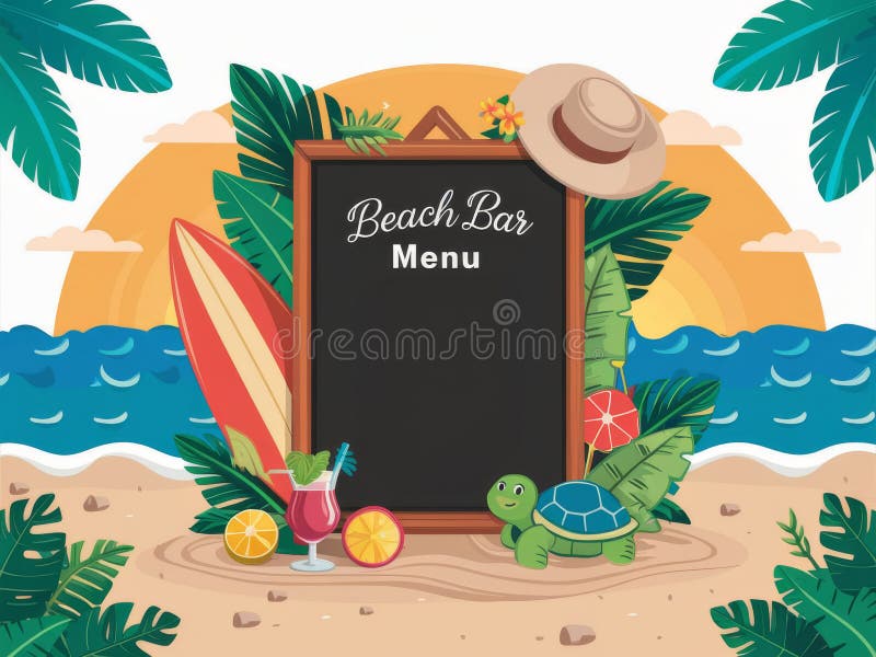Tropical Beach Bar Menu with Surfboard, Cocktail, Turtle, and Sunset ...