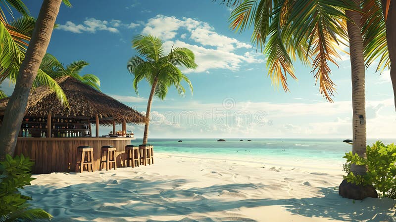 Tropical Beach Bar with Palm Trees Stock Illustration - Illustration of ...