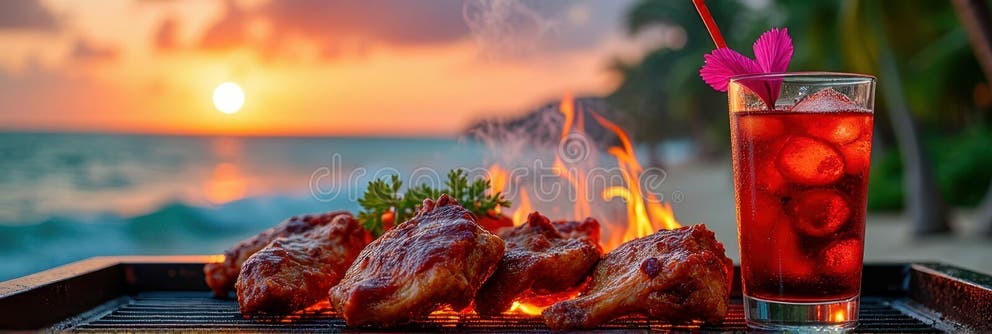 Tropical Beach Bbq Sunset with Grilled Chicken and Refreshing Drink ...