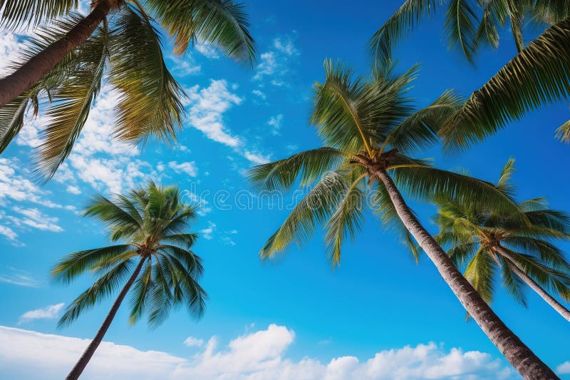 Tropical Beach with Blue Sky and Palm Trees, View from Below Stock ...
