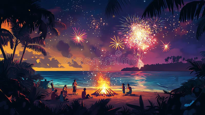 Tropical Beach Bonfire Celebration with Fireworks at Sunset Stock Image ...
