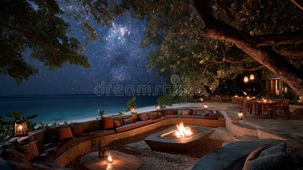 Tropical Beach Bonfire Under Starry Night Sky Stock Illustration ...