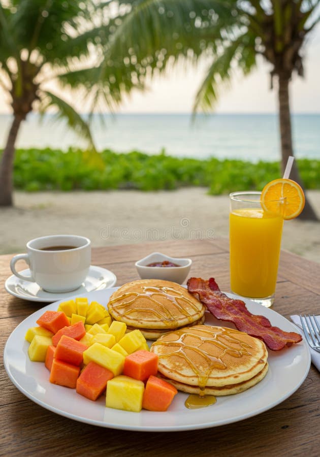 Tropical Beach Breakfast Pancakes Fresh Fruit Juice Stock Photos - Free ...