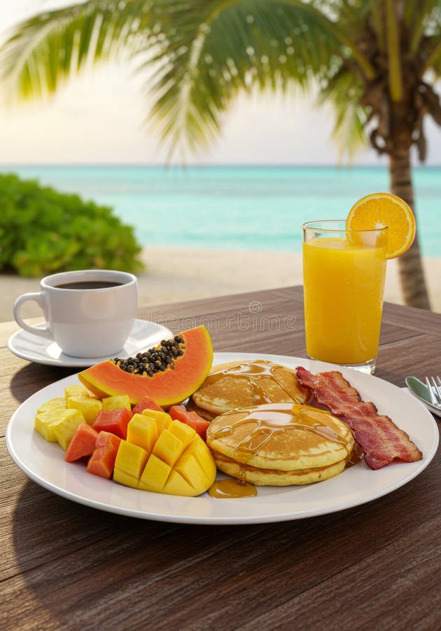 Tropical Beach Breakfast Pancakes Fruit Coffee Stock Photos - Free ...