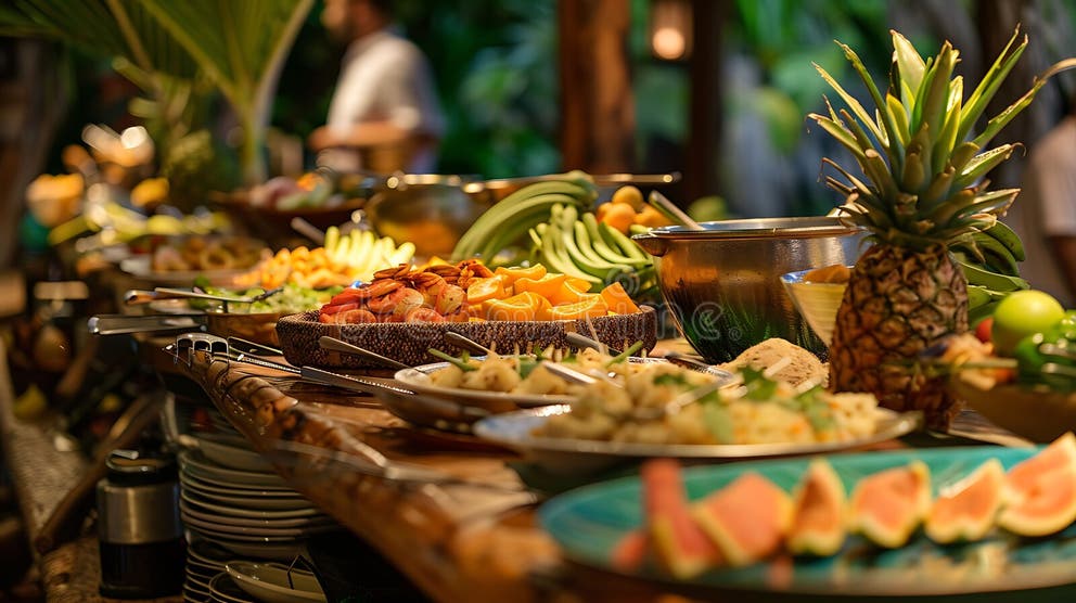 Tropical Beach Buffet with Local Cuisine Stock Illustration ...