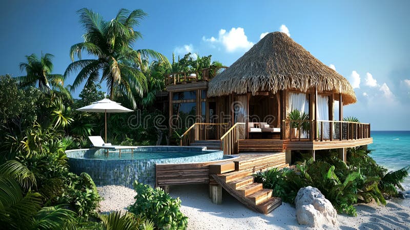 Tropical Beach Bungalow, Ocean View, Private Pool, Relaxation Stock ...