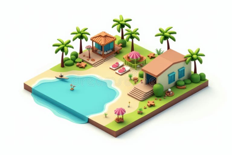 Tropical Beach Bungalow Resort Low Poly 3D Render Stock Illustration ...